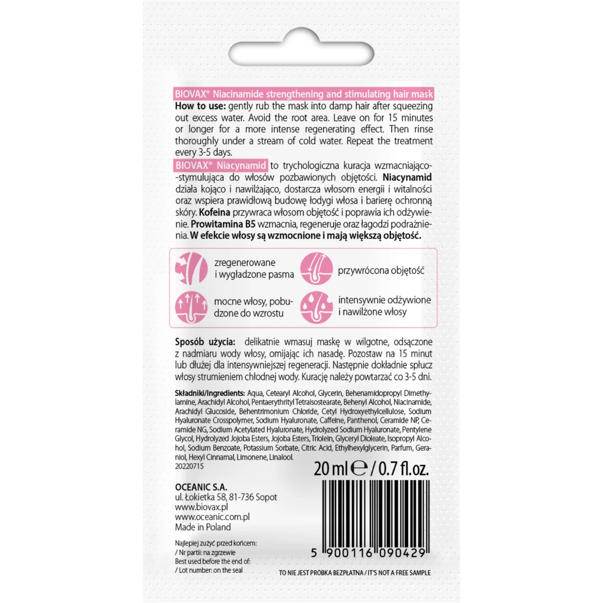 Biovax Niacynamid, maska do włosów wmacniająca, 20 ml | drmax.pl | Dr. Max